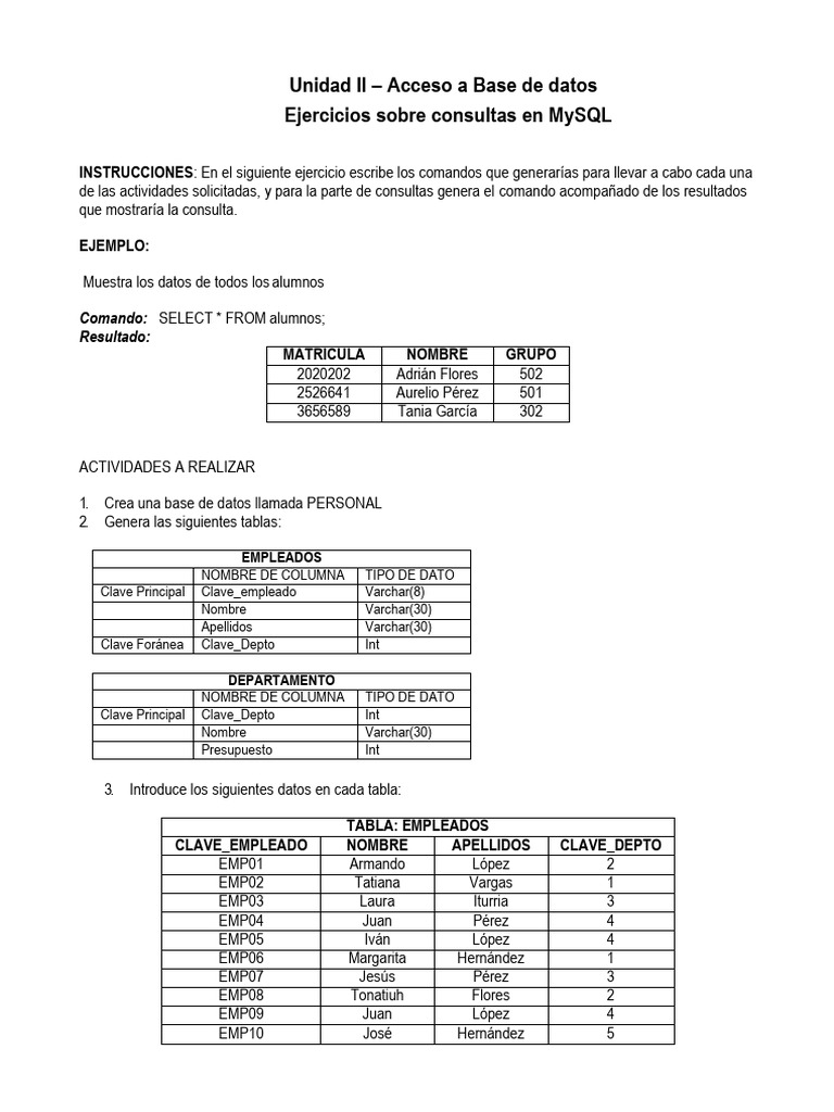 EJERCICIO DE TABLAS Y CONSULTAS EN MySQL | PDF