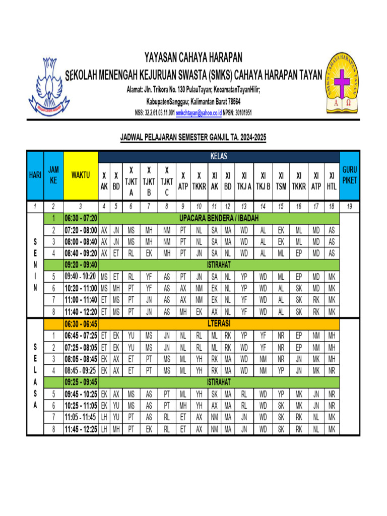 Revisi 21 Juli 2024 Jadwal Pelajaran 2024-2025 Semeter Ganjil Versi Kode Guru | PDF