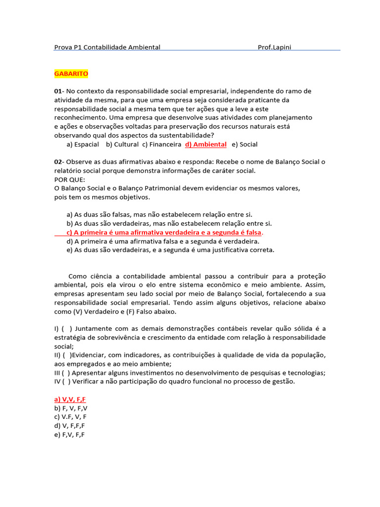 Prova Resp. P1 Contabilidade Ambiental Prof | PDF