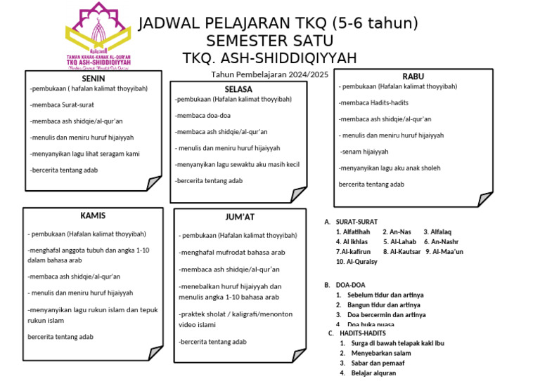Jadwal Pelajaran TKQ 2024/2025 | PDF