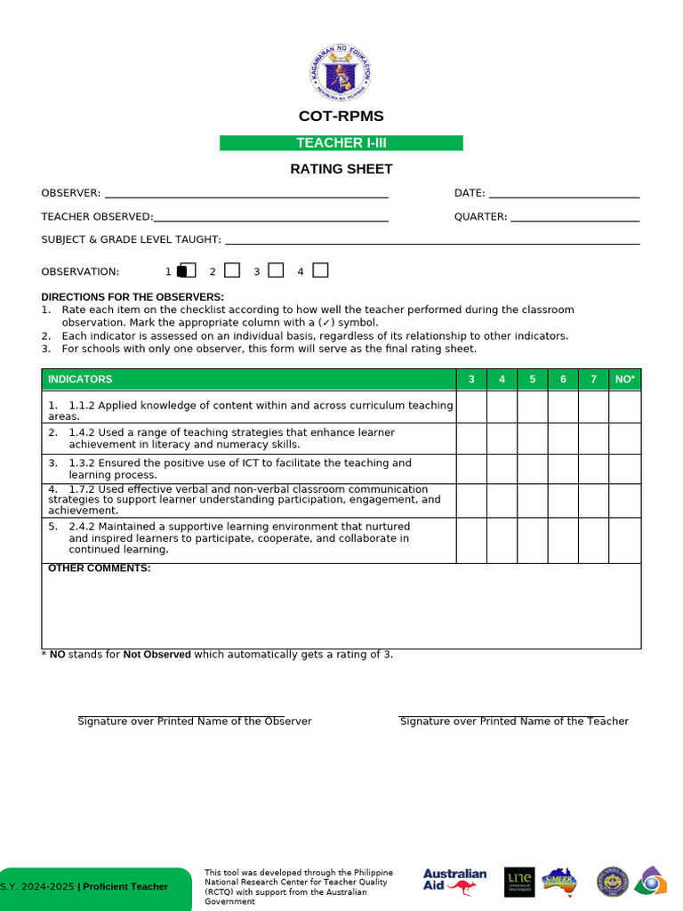 2024 2025 COT RPMS Rating Sheet For T I III For SY 2024 2025 | PDF