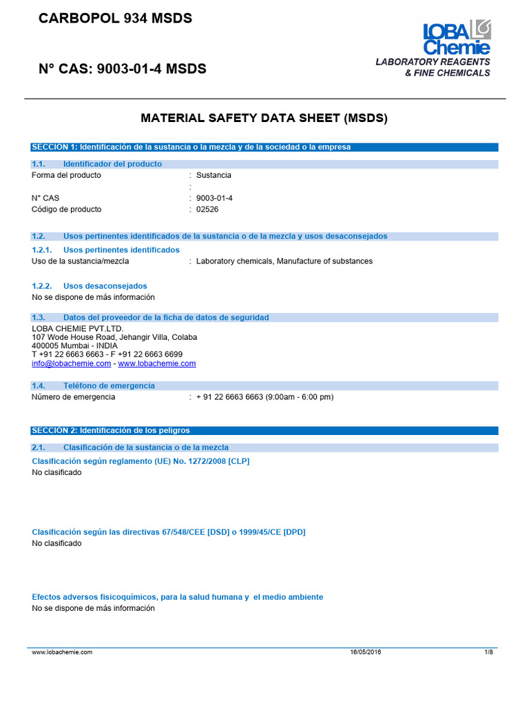 MSDS CARBOPOL 934 CASNO 9003 01 02526 ES - Aspx | PDF