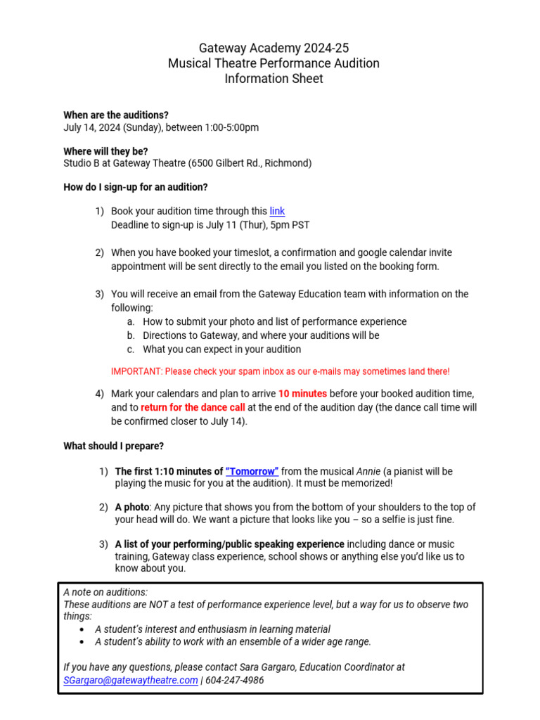 MTP AUDITION INFO SHEET and FAQ'S | PDF