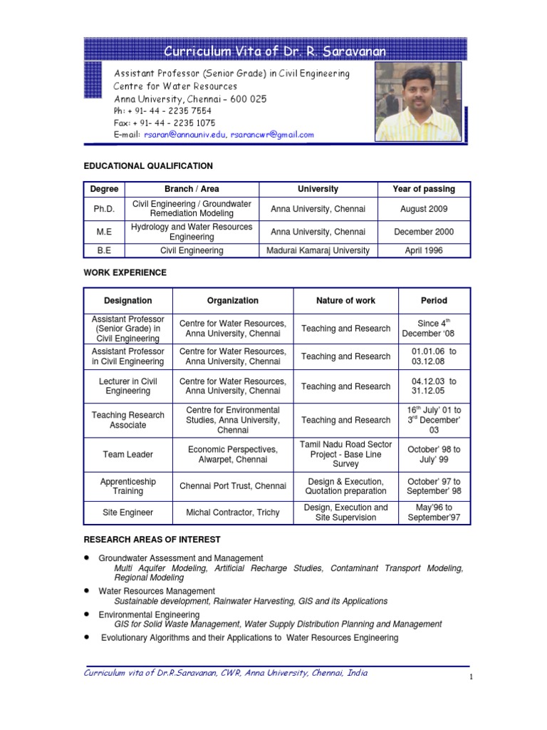 Anna University DR - Saravanan Ramasamy - CWR - CV | PDF | Groundwater | Water Resources