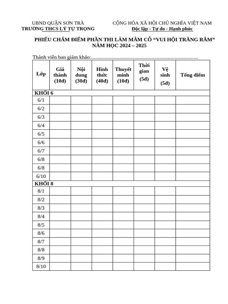 LTT phiếu chấm thi Trung thu khối chiều | PDF
