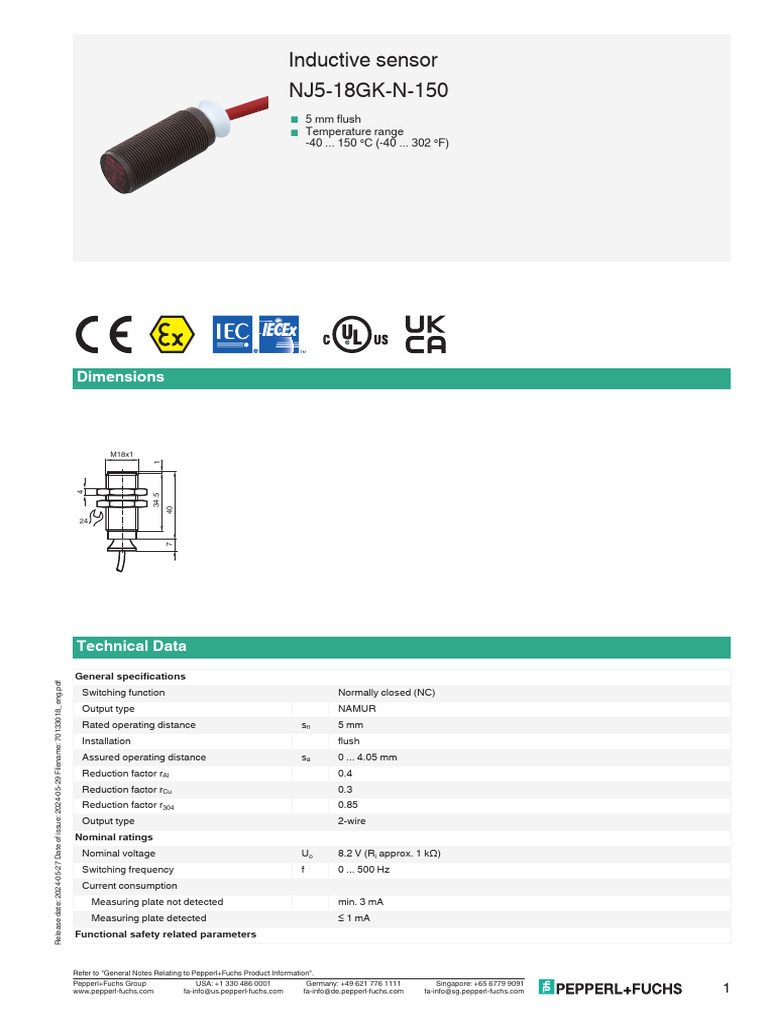Inductive Sensor NJ5-18GK-N-150: Dimensions | PDF