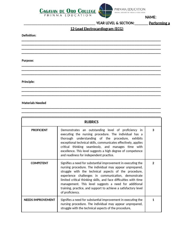 Performing A 12 Lead Electrocardiogram ECG - CHECKLIST | PDF ...