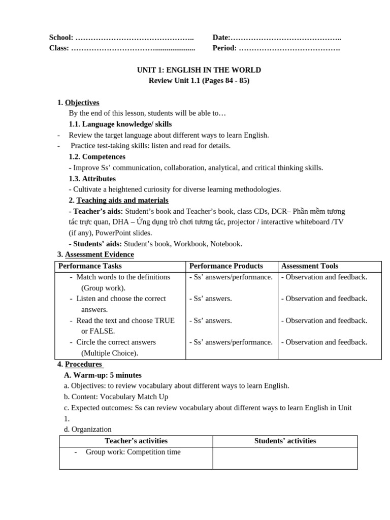 Unit 1 - Review Unit 1.1 - Pages 84-85 | PDF