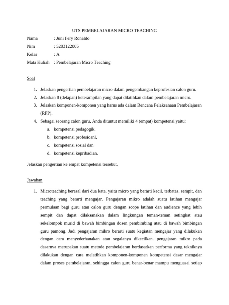 Uts Pembelajaran Micro Teaching Juni Fery Ronaldo 5203122005 | PDF