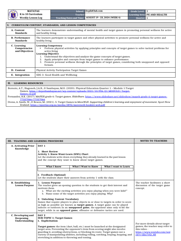 DLL Matatag - Pe & Health 7 Q1 W4 | PDF