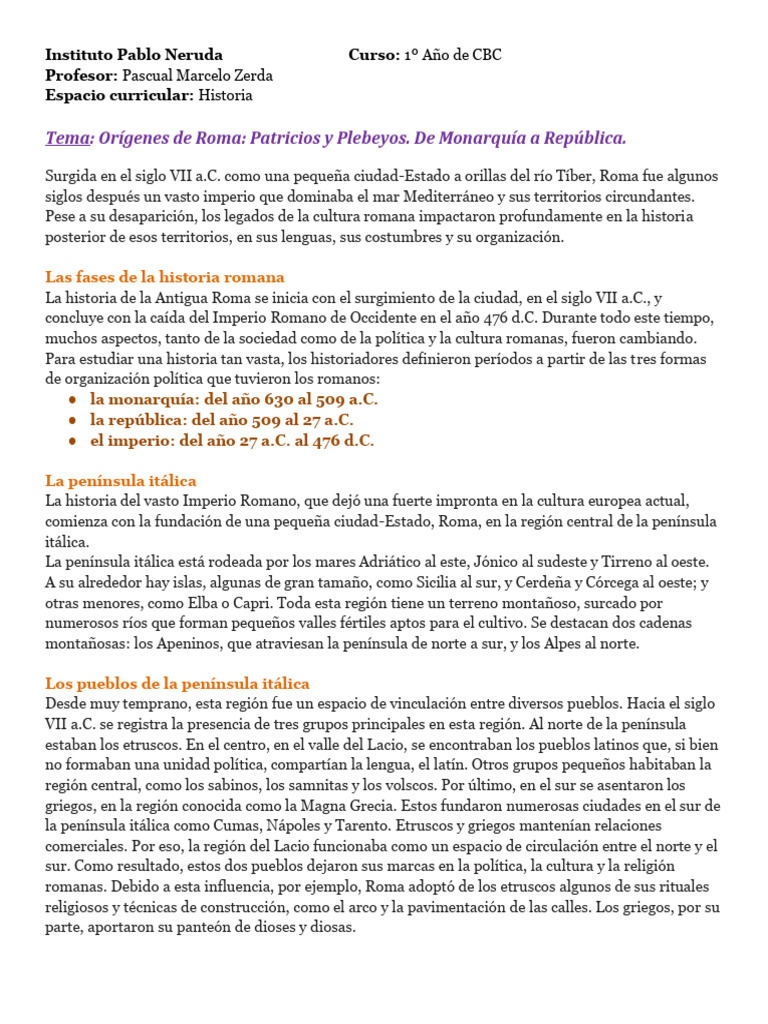 1º Año Historia TP-IPN Orígenes de Roma. Patricios y Plebeyos. | PDF