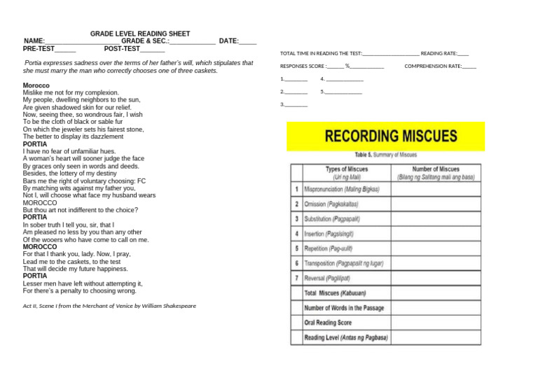 Grade Level Reading Sheet | PDF