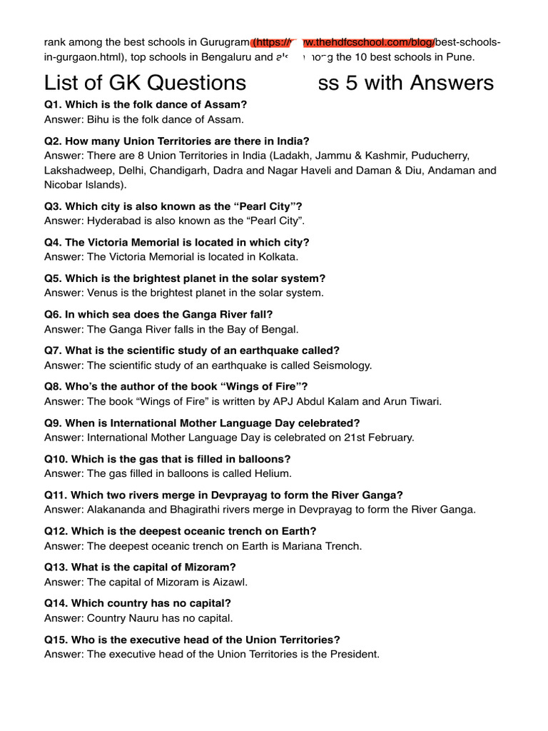 GK Questions For Class 5 With Answers - The HDFC School | PDF