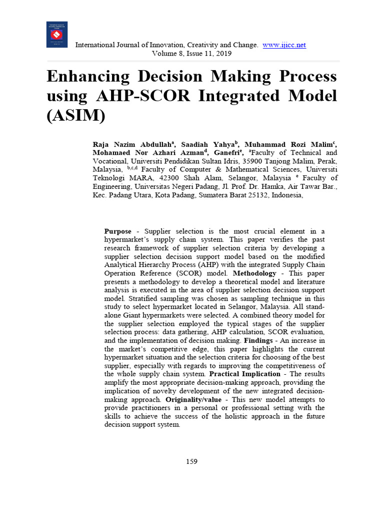 Enhacing Decision Process Using Ahp Scor Integrated Model Pdf
