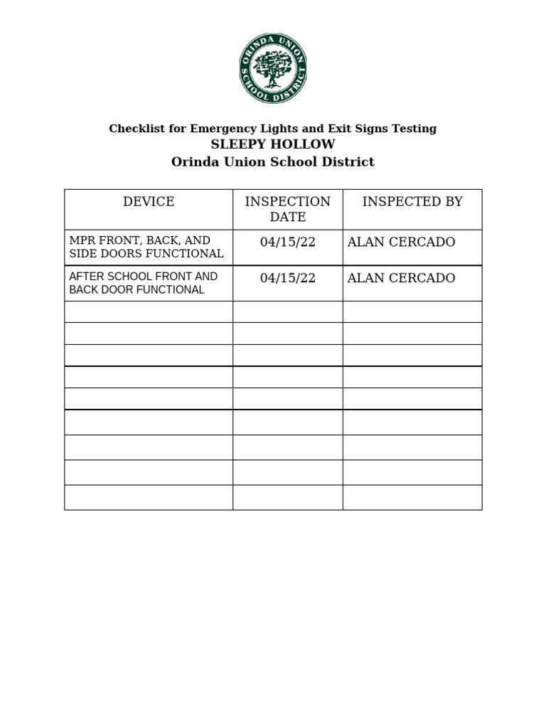 SLEEPY HOLLOW Checklist For Emergency Lights and Exit Signs Testing | PDF