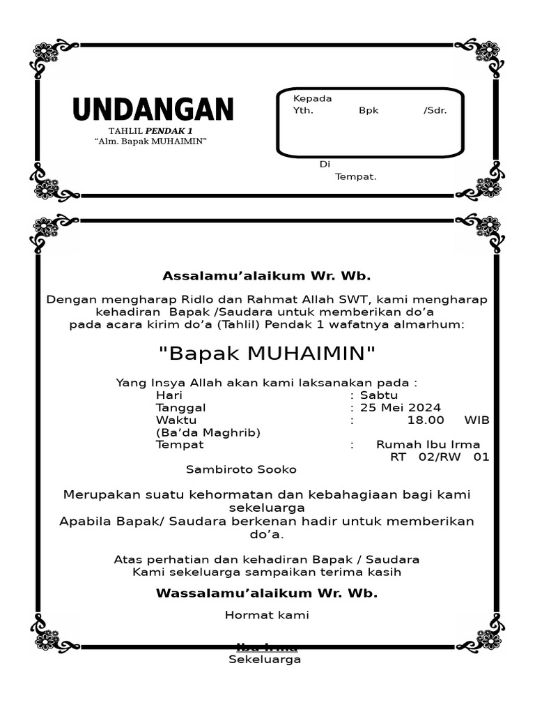 Undangan Tahlil Pendak 1 | PDF
