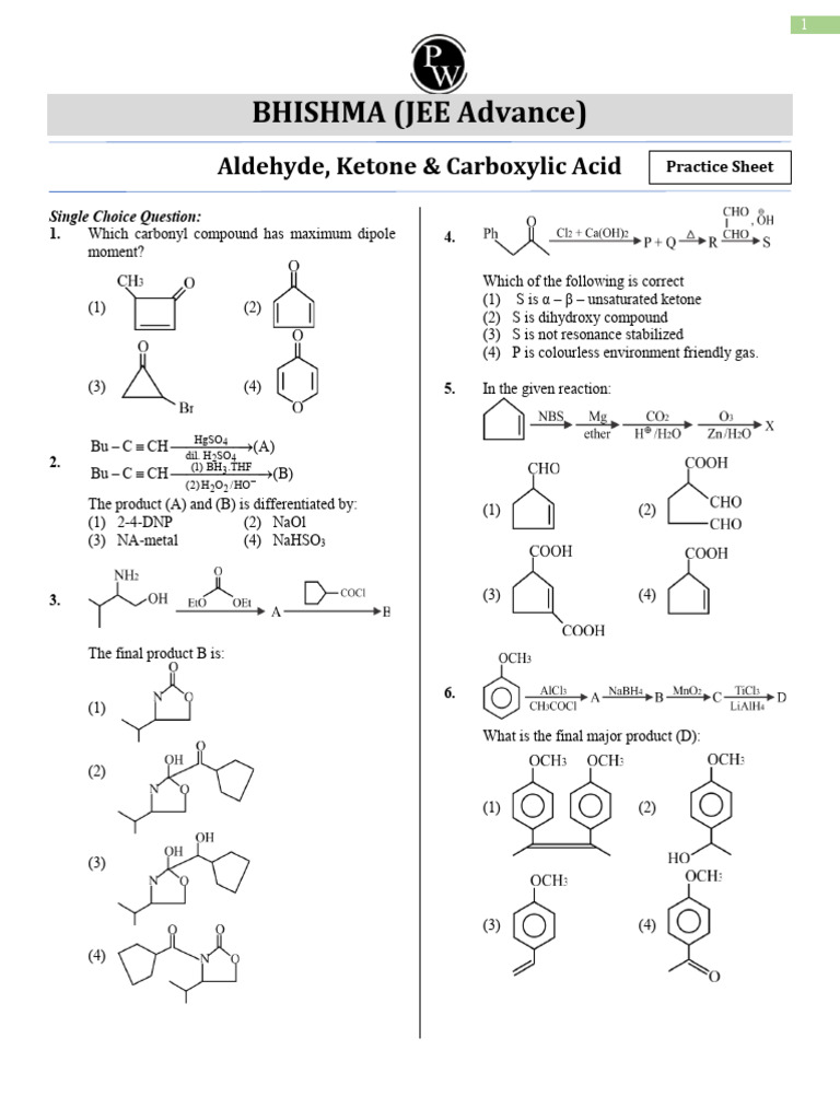 Aldehyde, Ketones and Carboxylic Acids - Practice Sheet - Bhishma JEE Advanced 2023 | PDF ...