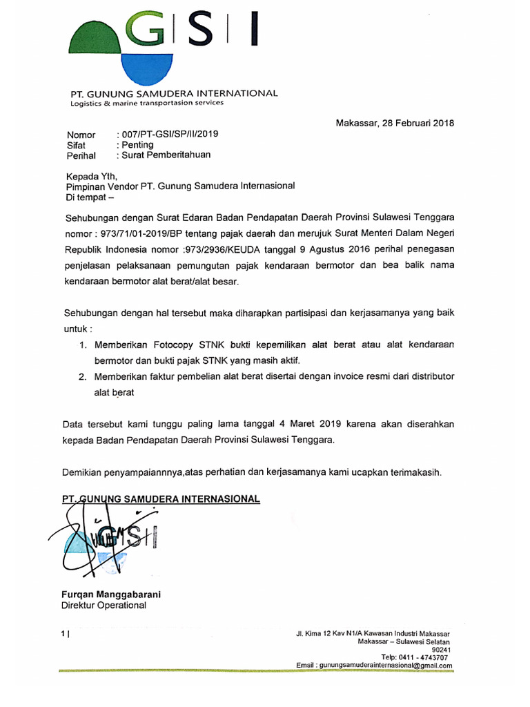 Surat Pemberitahuan Vendor | PDF