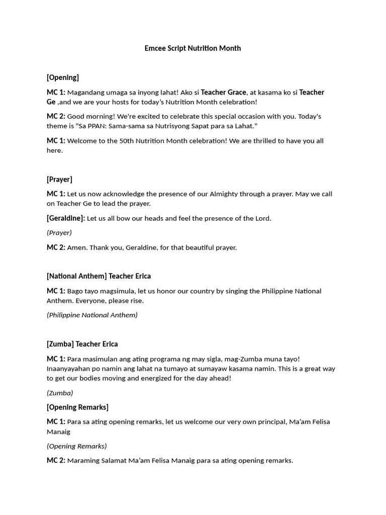 Emcee Script Nutrition Month | PDF