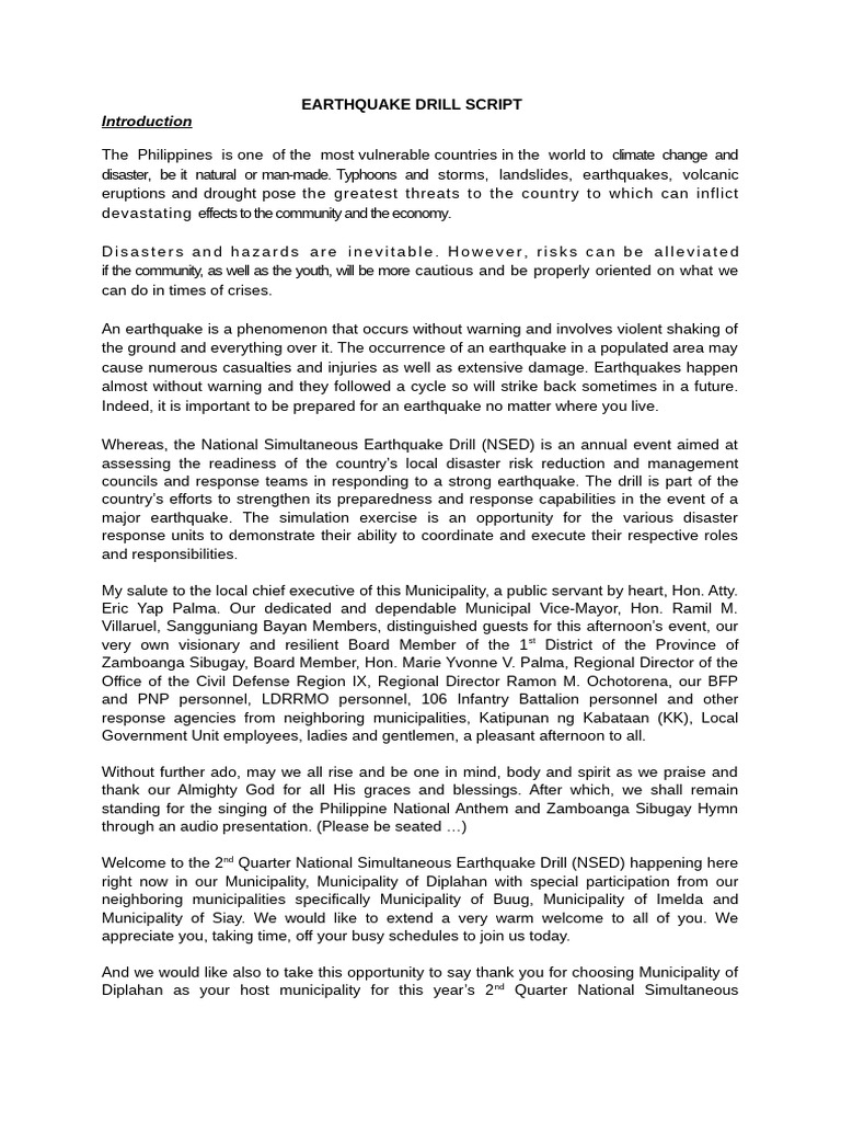 EARTHQUAKE DRILL SCRIPT | PDF