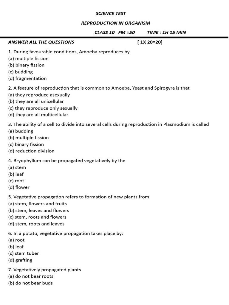 Class 10 Science Test: Reproduction | PDF | Menstrual Cycle | Flowers