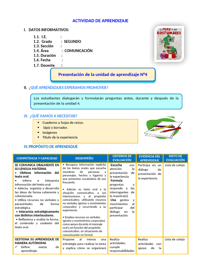 D1 A1 SESION COM. Presentación de La Unidad de Aprendizaje N°4 | PDF