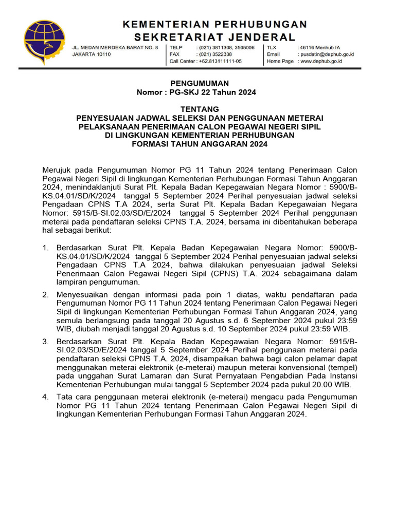 Penyesuaian Jadwal Seleksi CPNS 2024 | PDF