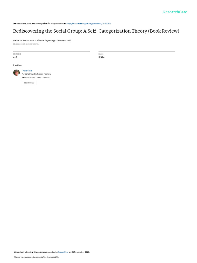 Rediscovering The Social Group A Self Categorization Theory 1987 Turner J Hogg M Oakes P