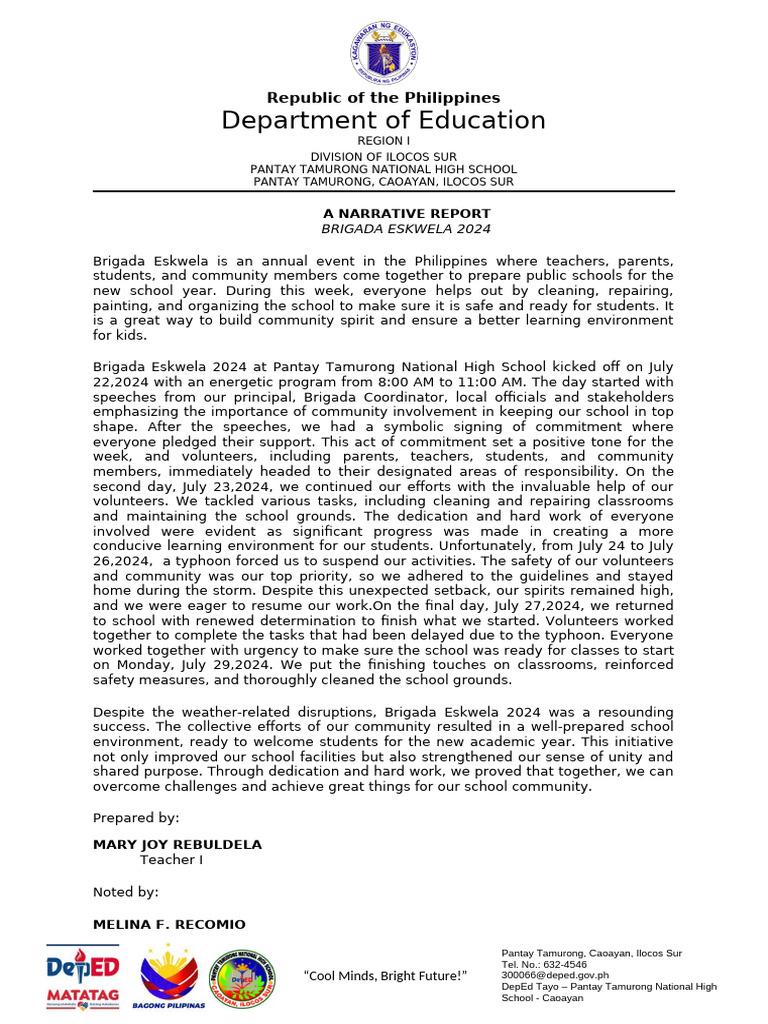A Narrative Report Brigada Eskwela 2024 | PDF