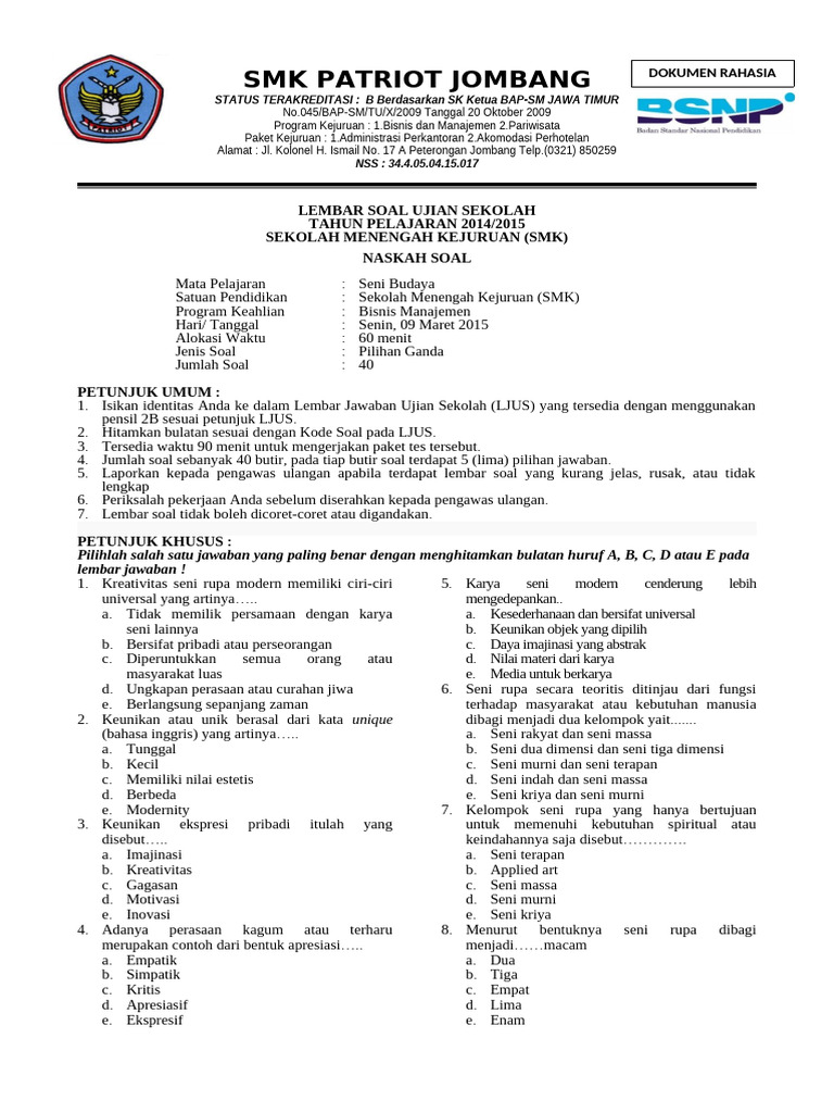 Soal Seni Budaya USEK | PDF