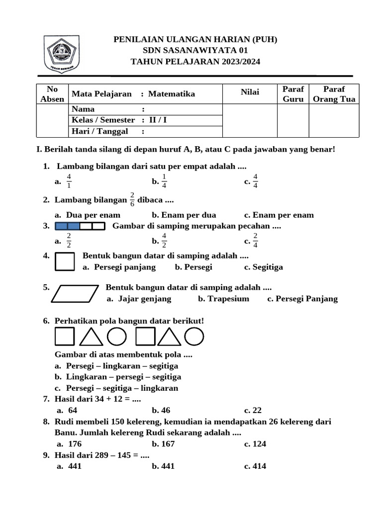 Kelas 2 Soal Puh MTK b2 | PDF