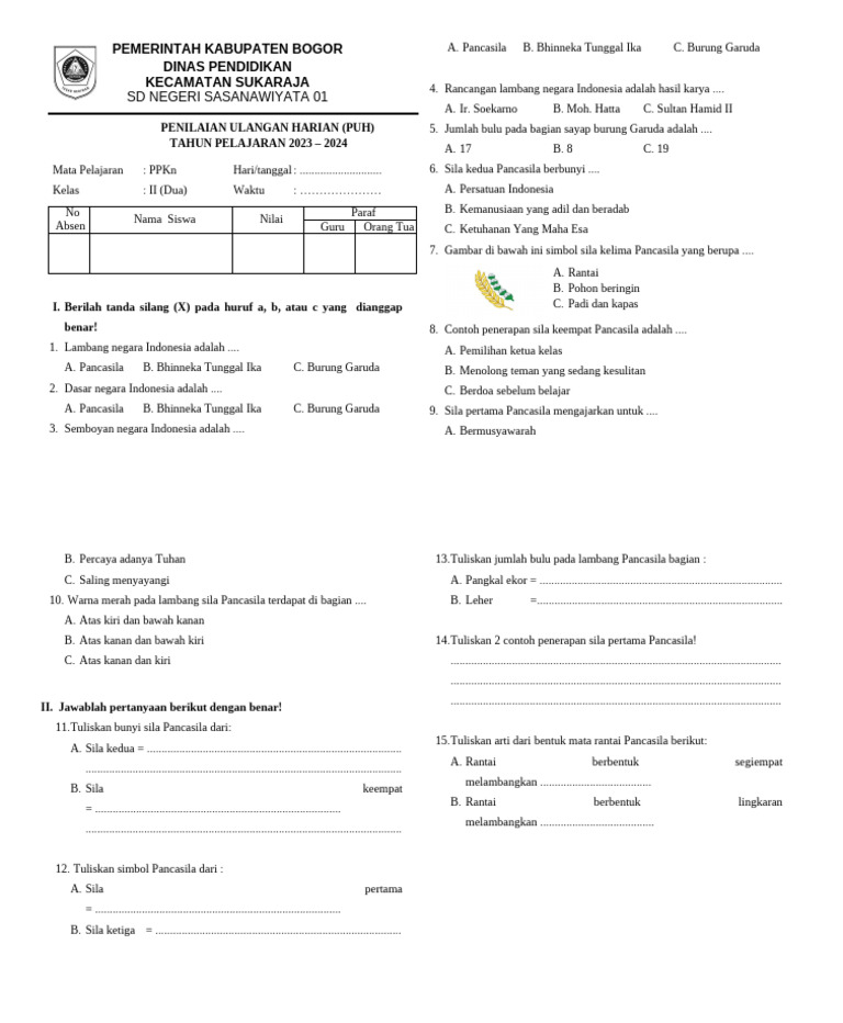 Kelas 2 Soal Puh PPKN b1 | PDF