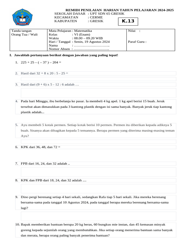 Remidi PH Mat Bab 1 Klas 6 SM 1 2024 | PDF