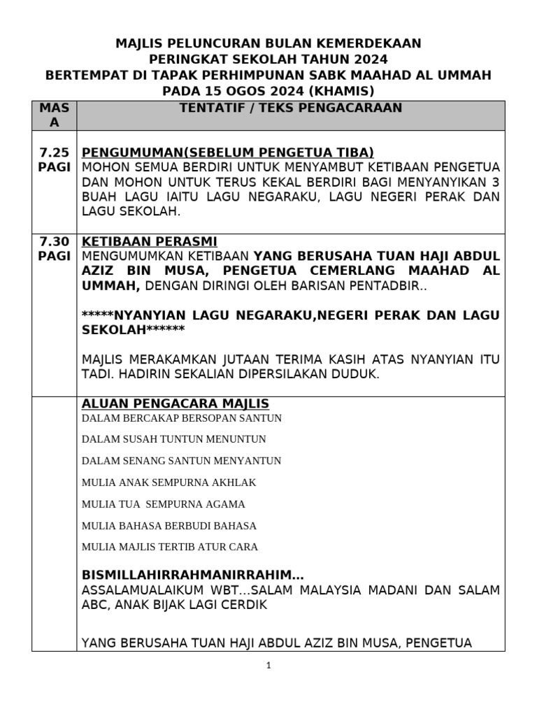 Teks Pengacara Hari Merdeka 2024 | PDF
