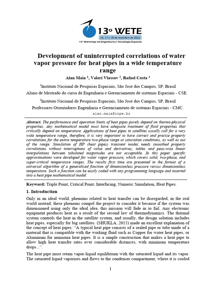 Development of Uninterrupted Correlations of Water Vapor Pressure For Heat Pipes in A Wide ...