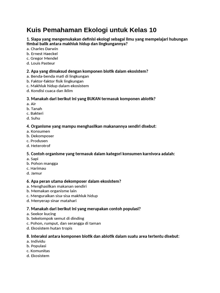 10th Grade Ecology Quiz With 20 Questions | PDF
