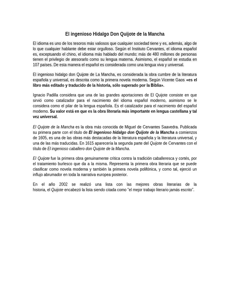 El Ingenioso Hidalgo Don Quijote de La Mancha | PDF
