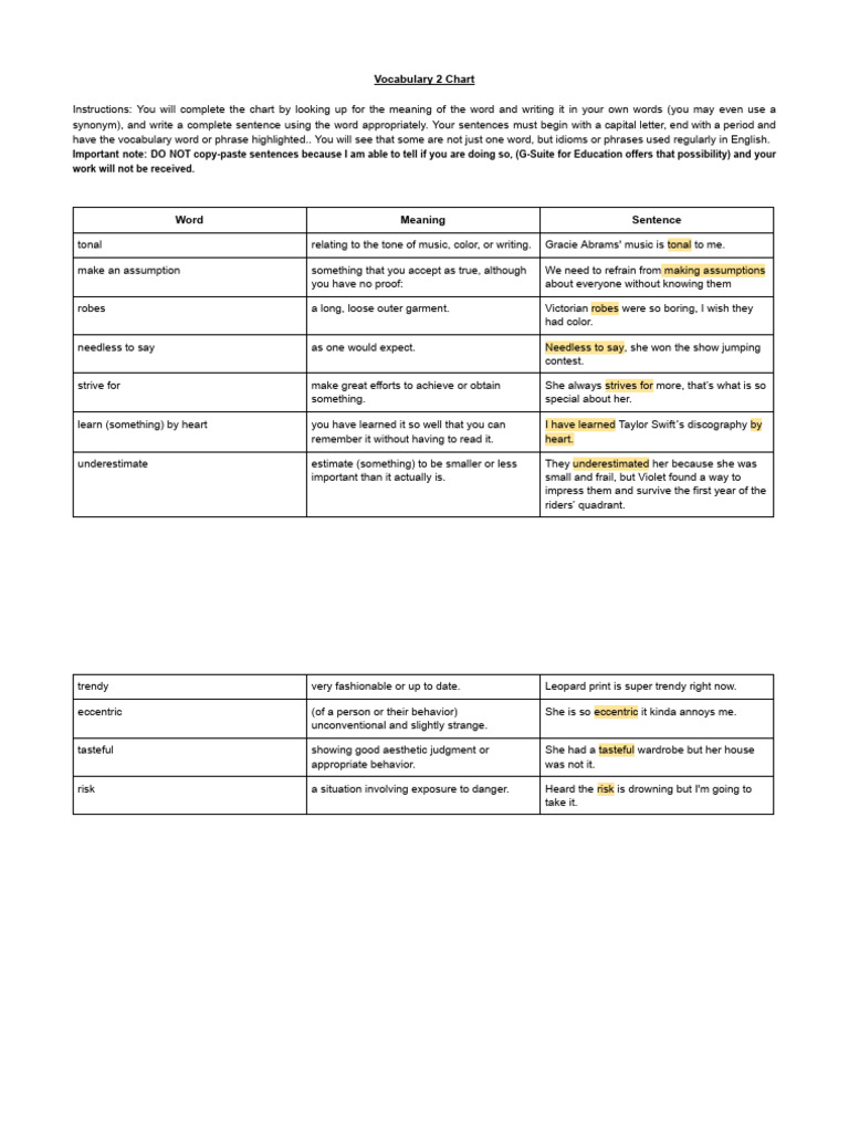 BFR - Vocabulary 2 Chart 5th Grade | PDF