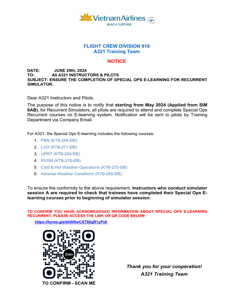 Notice - Special Ops Course For Recurrent Simulator | PDF
