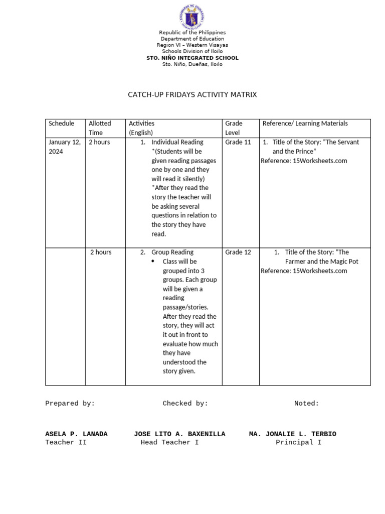 Catch-Up Fridays Activity Schedule | PDF