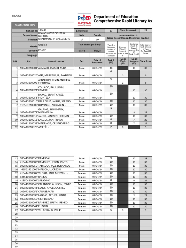 CRLA2 Grade3Scoresheet v1 | PDF