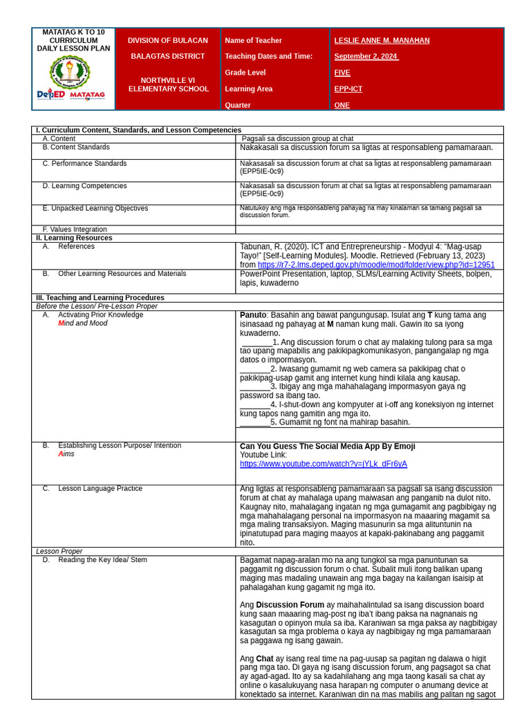 MATATAG DAILY LESSON PLAN EPP EPP September 22024 | PDF
