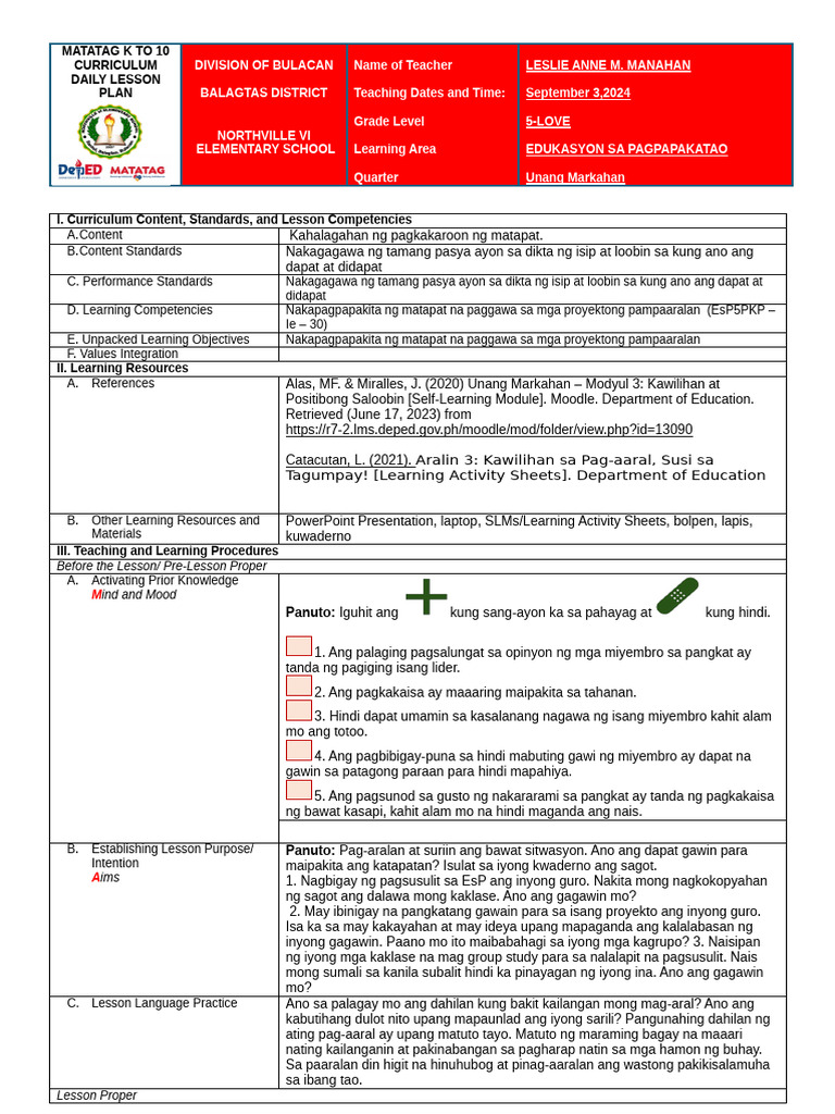 MATATAG DAILY LESSON PLAN ESP September 3 2024 | PDF