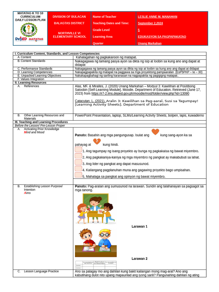 MATATAG-DAILY-LESSON-PLAN-ESP-September-2-2024 | PDF