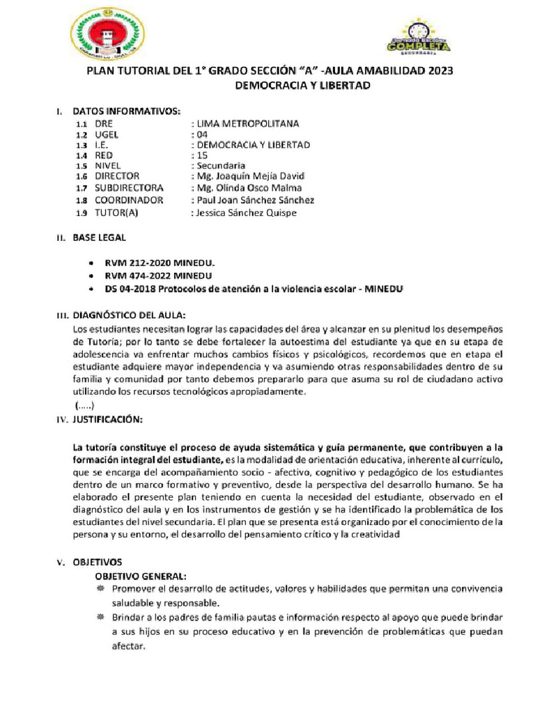 JessicaSanchezQuispe Plan Tutorial de Aula 2023 1ro de Secdocx | PDF