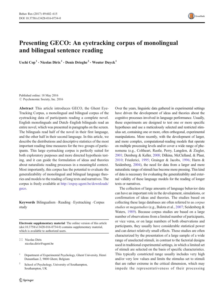 Presenting GECO - An Eyetracking Corpus of Monolingual and Bilingual ...