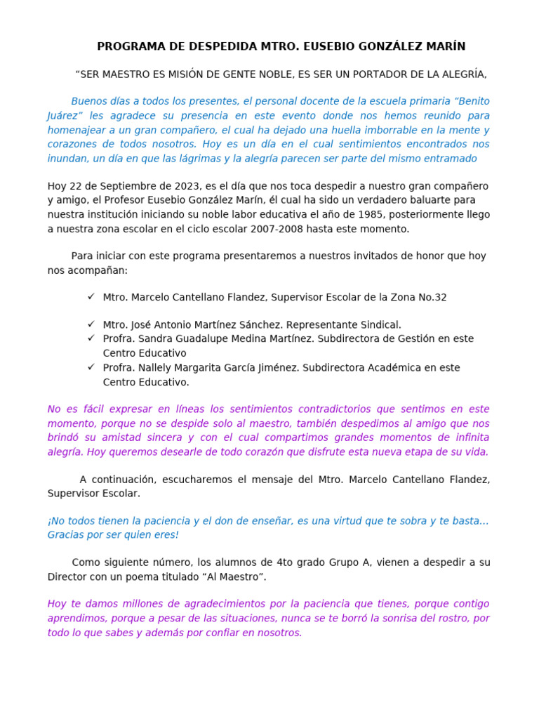 Programa de Despedida | PDF