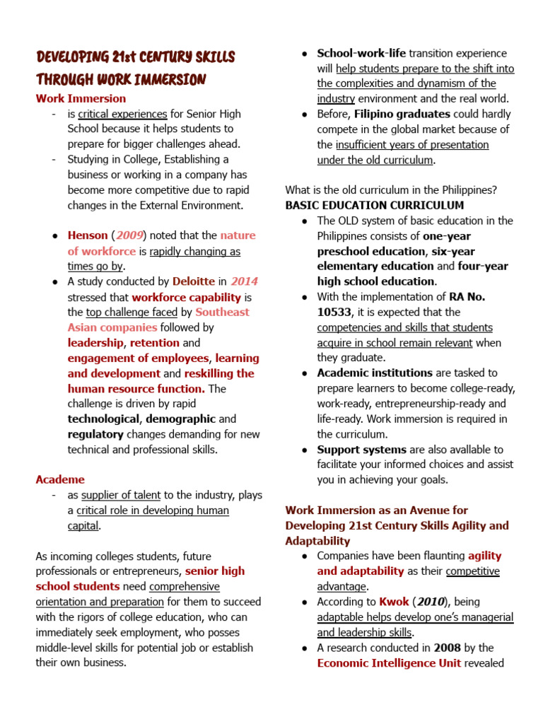 DEVELOPING 21st CENTURY SKILLS THROUGH WORK IMMERSION | PDF