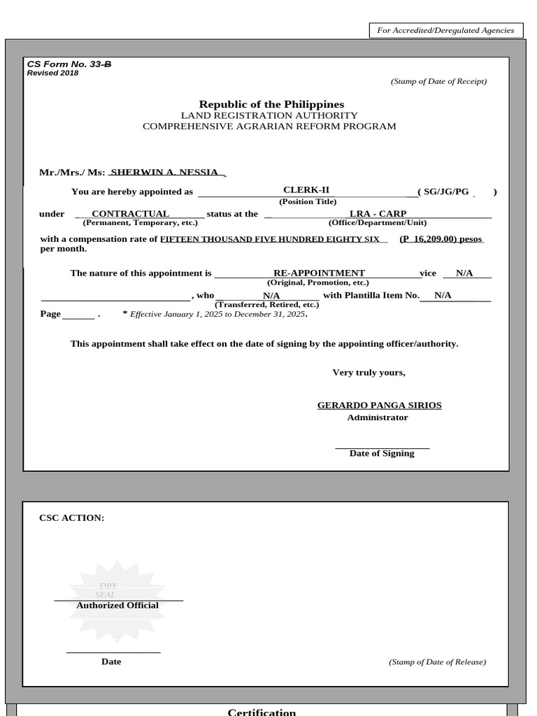 CS Form No. 33-A Revised 2018 Appointment Form - Regulated (2) Snessia1 ...