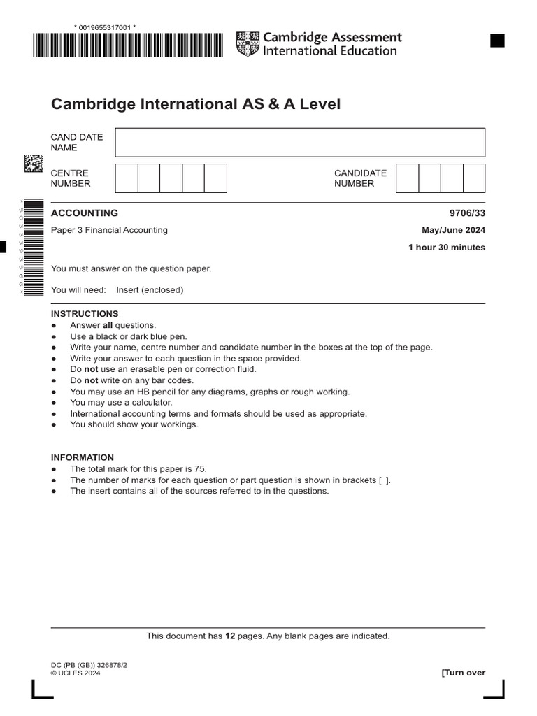 Cambridge International AS & A Level: Accounting 9706/33 | PDF